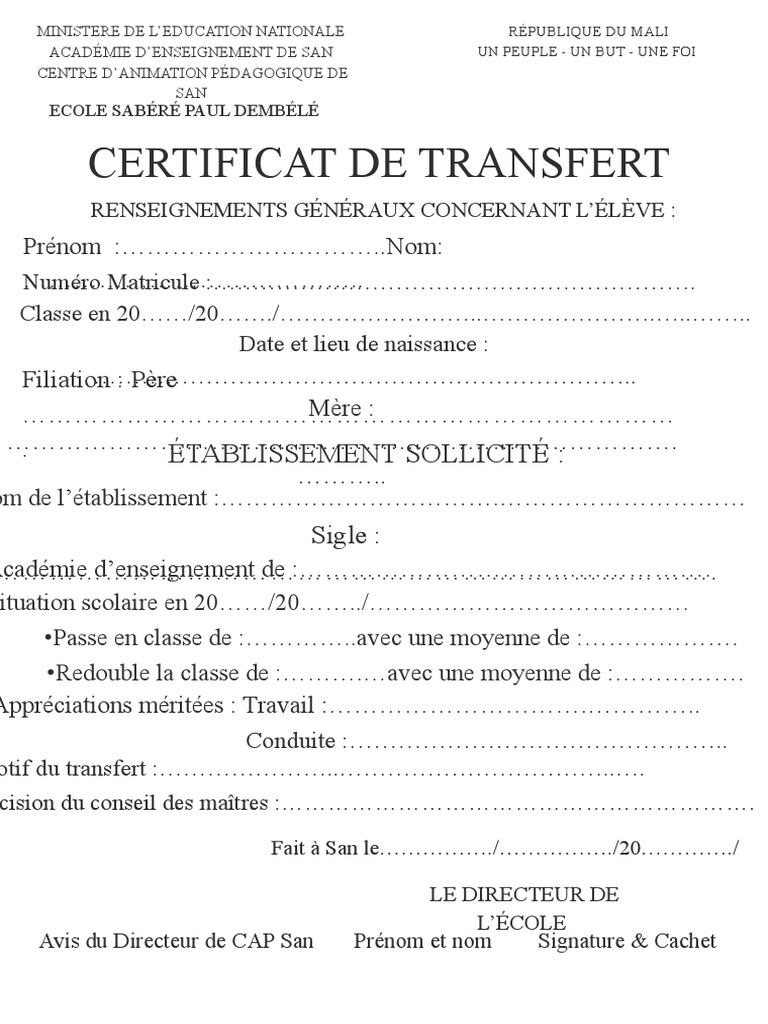 Certificat de Transfert Scolaire 2024-2025 | PDF