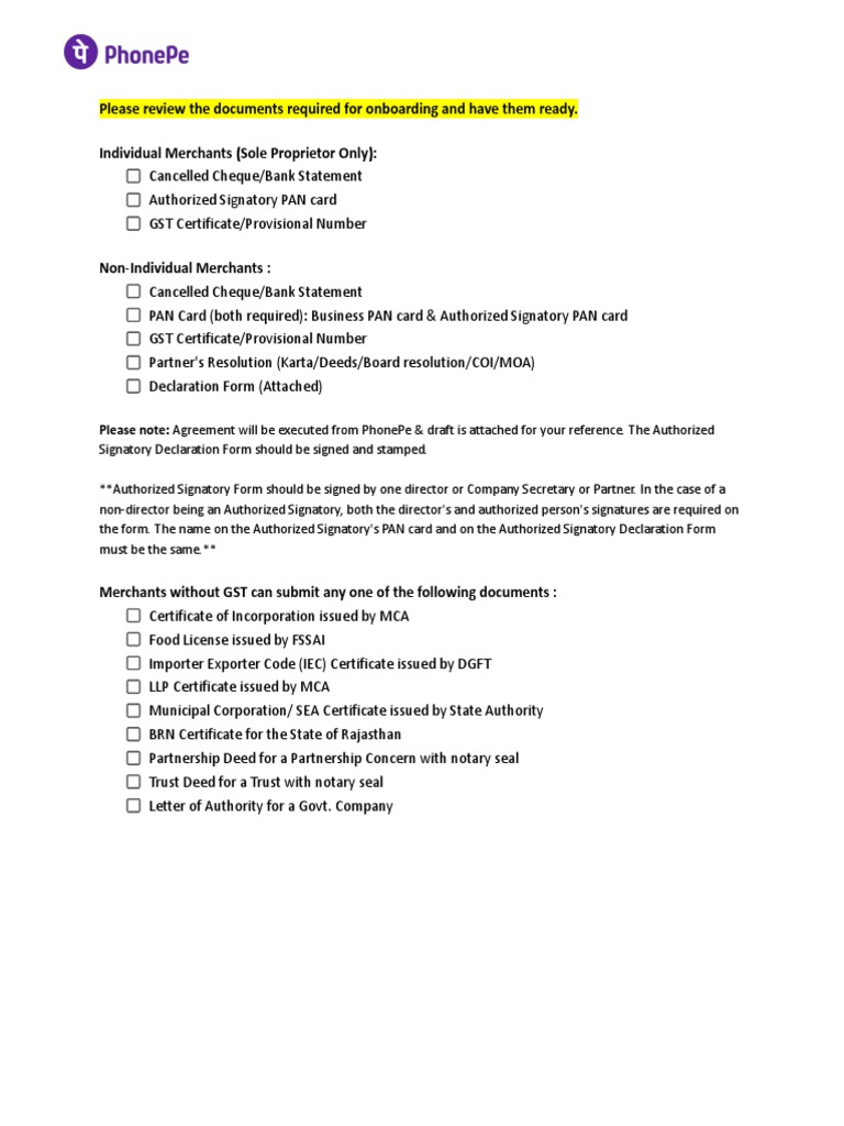PhonePe PG - Onboarding Documents | PDF
