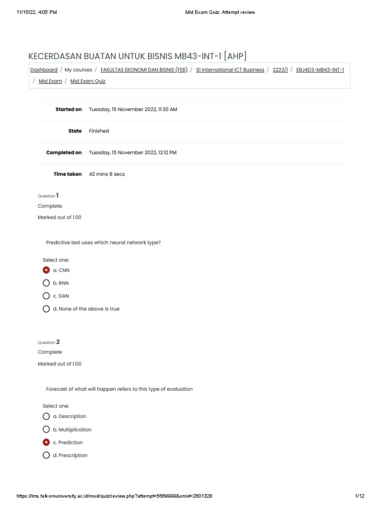 Mid Exam Quiz - Attempt Review | Download Free PDF | Artificial Intelligence | Intelligence (AI ...
