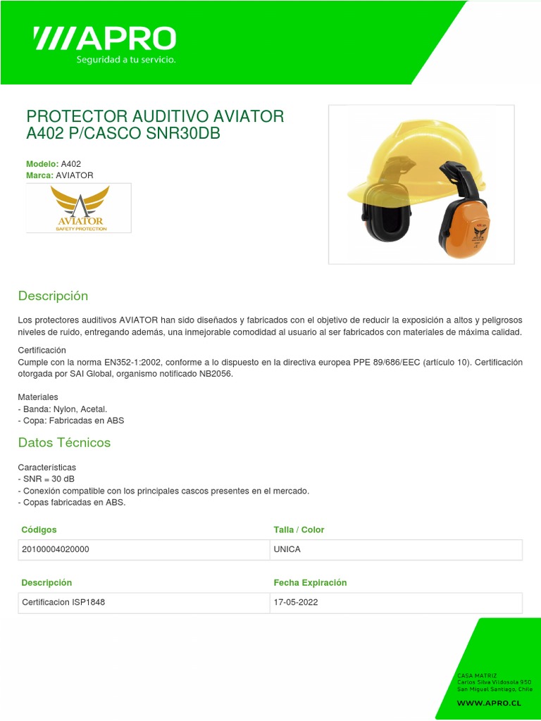 Ficha Producto Protector Auditivo Aviator A402 Pcasco snr30db | PDF