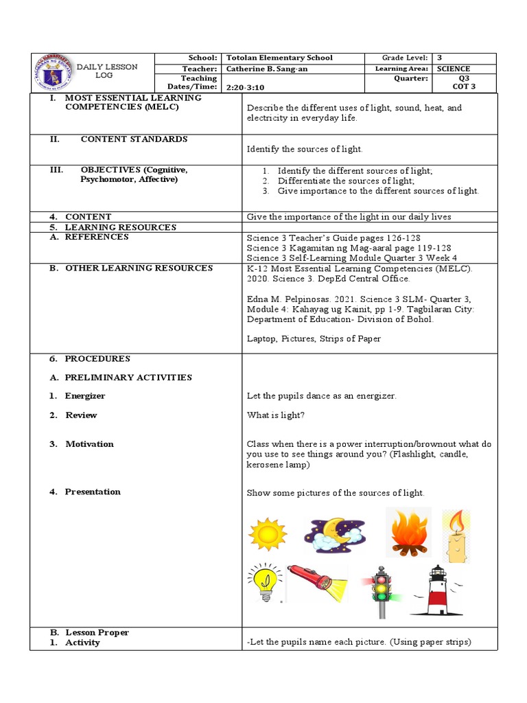 Cot-3 - Science 3 | PDF | Light | Learning
