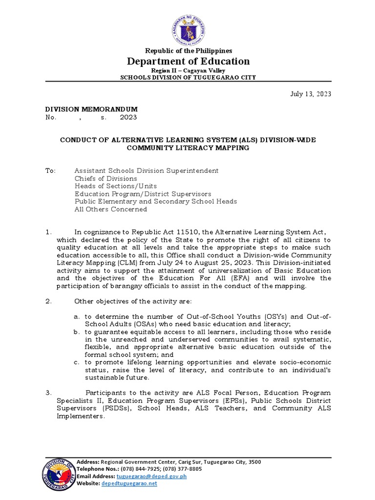 Memo ALS Literacy Mapping | PDF | Literacy