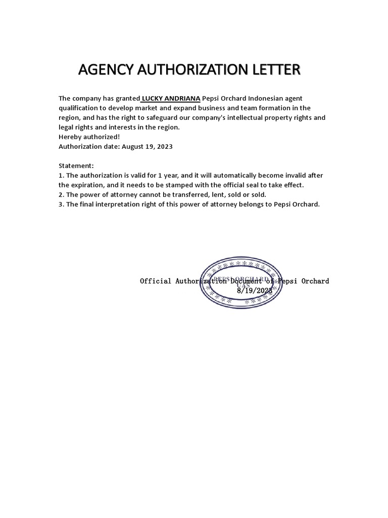 Pepsi Orchard Agency Authorization Letter | PDF | Finance & Money ...