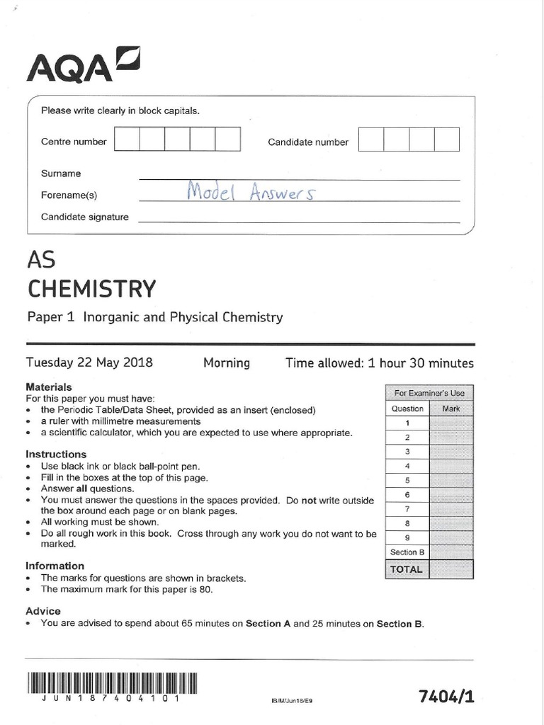 As Chemistry 2018 Paper 1 Model Answers A | PDF