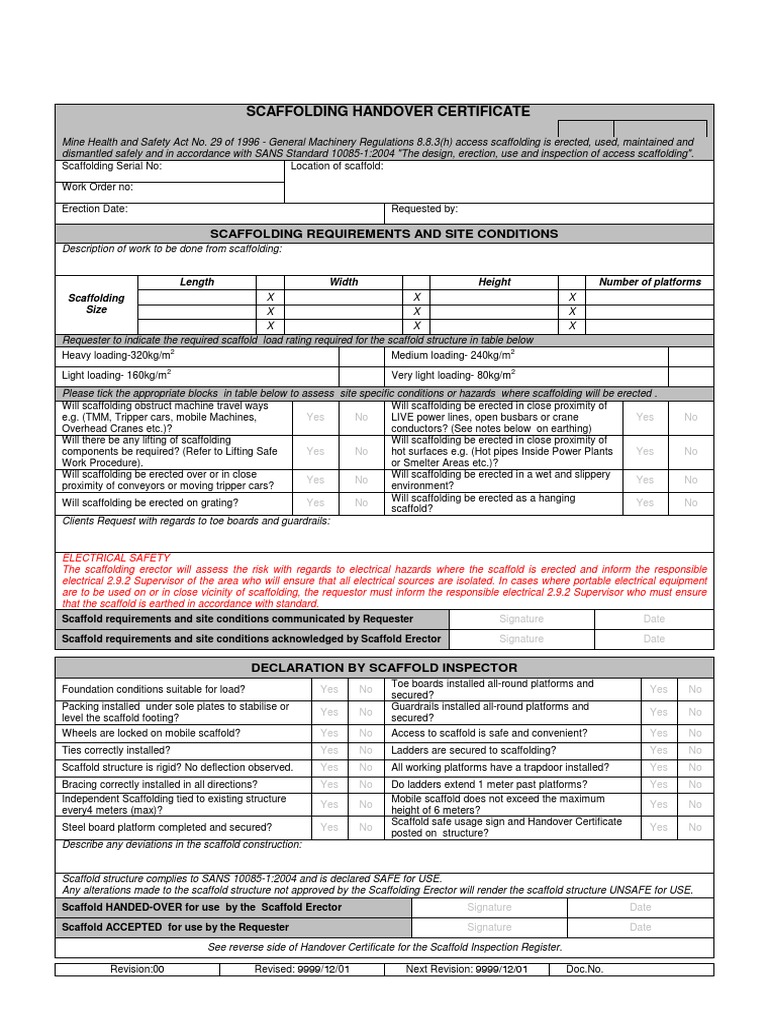 Scaffolding Handover Certificate Template | PDF | Scaffolding | Crane (Machine)