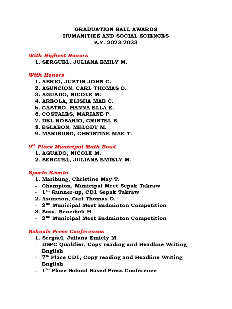 Graduation Ball Awards | PDF | Sports & Recreation | Travel