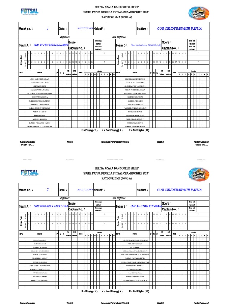 Futsal Championship Scorer Sheet 2023 | PDF | Sports