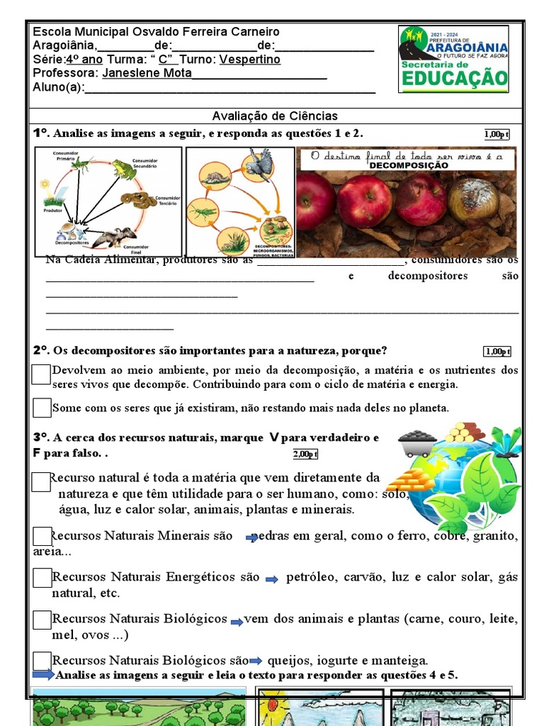 4c Avaliacao de Ciencias-II Bimestre. | PDF | Água | Poluição da água