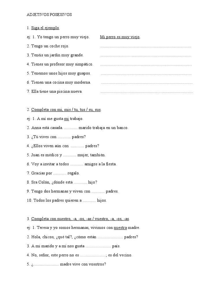 Adjetivos Posesivos Ejercicios | PDF