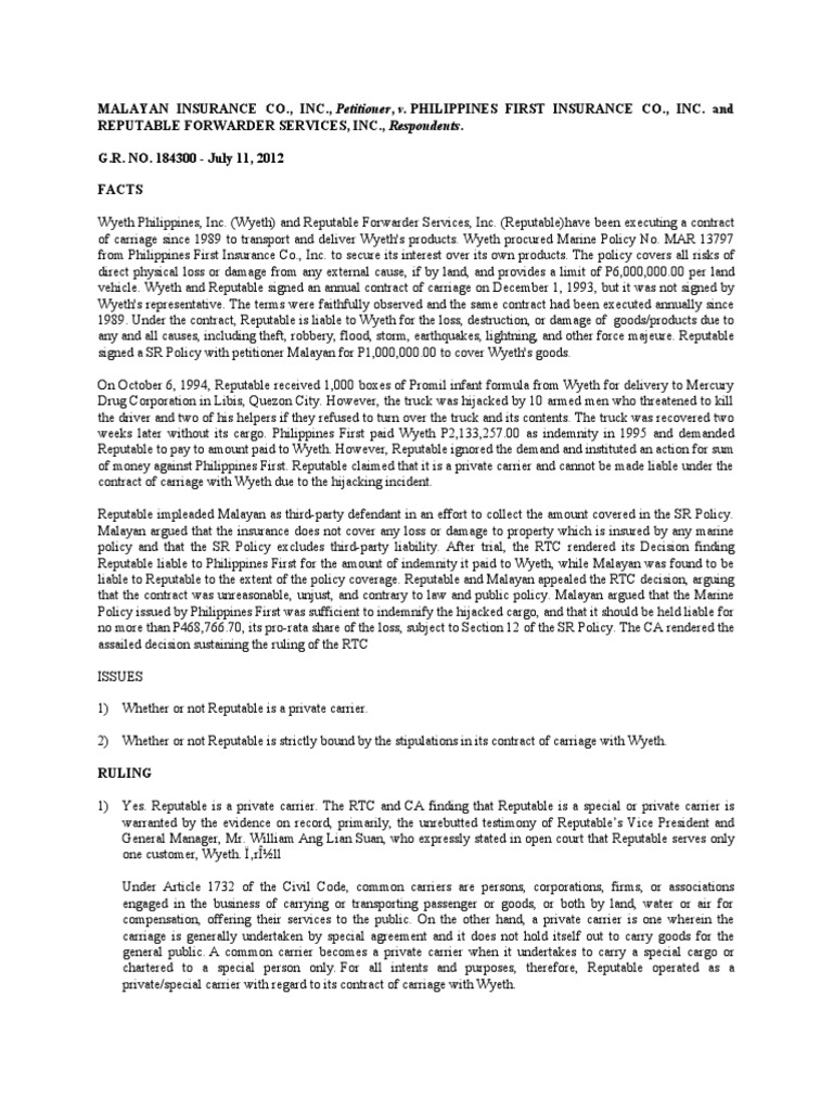 Malayan vs. Phil. First Insurance (676 SCRA 268) (Digest) | PDF ...