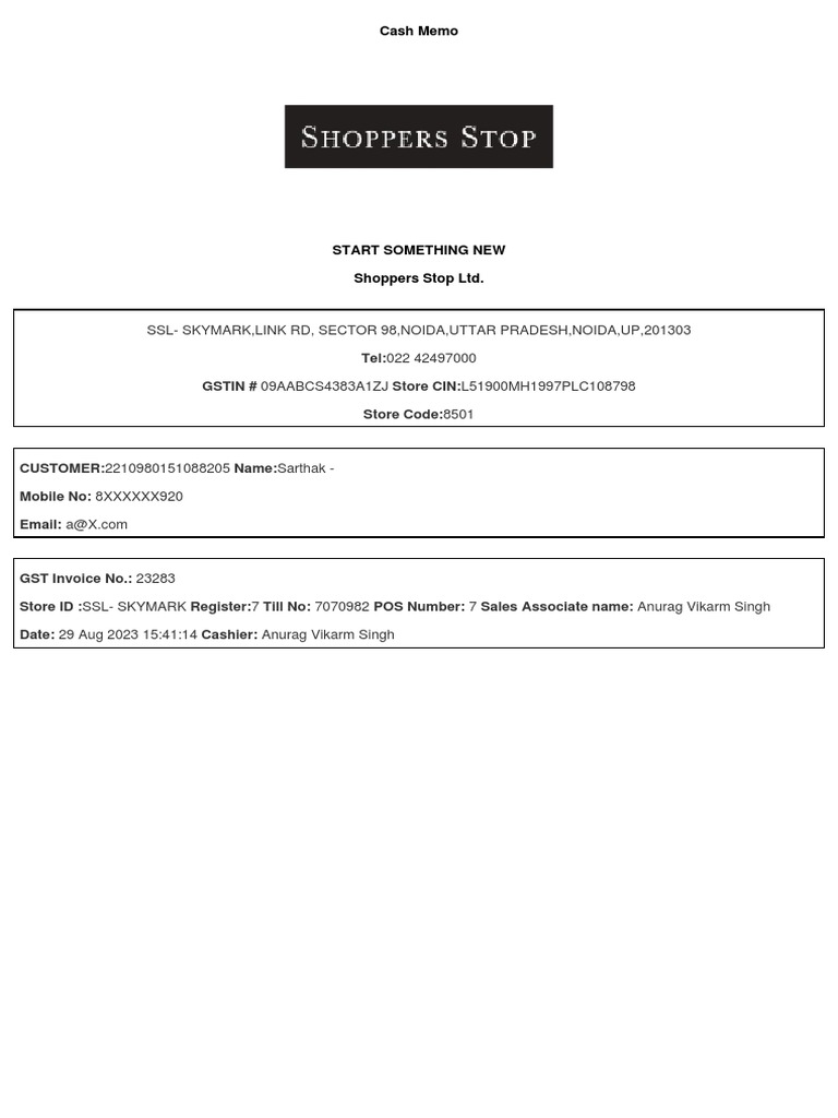 Shoppersstop Receipt 123436335741 | PDF | Payments | Trade