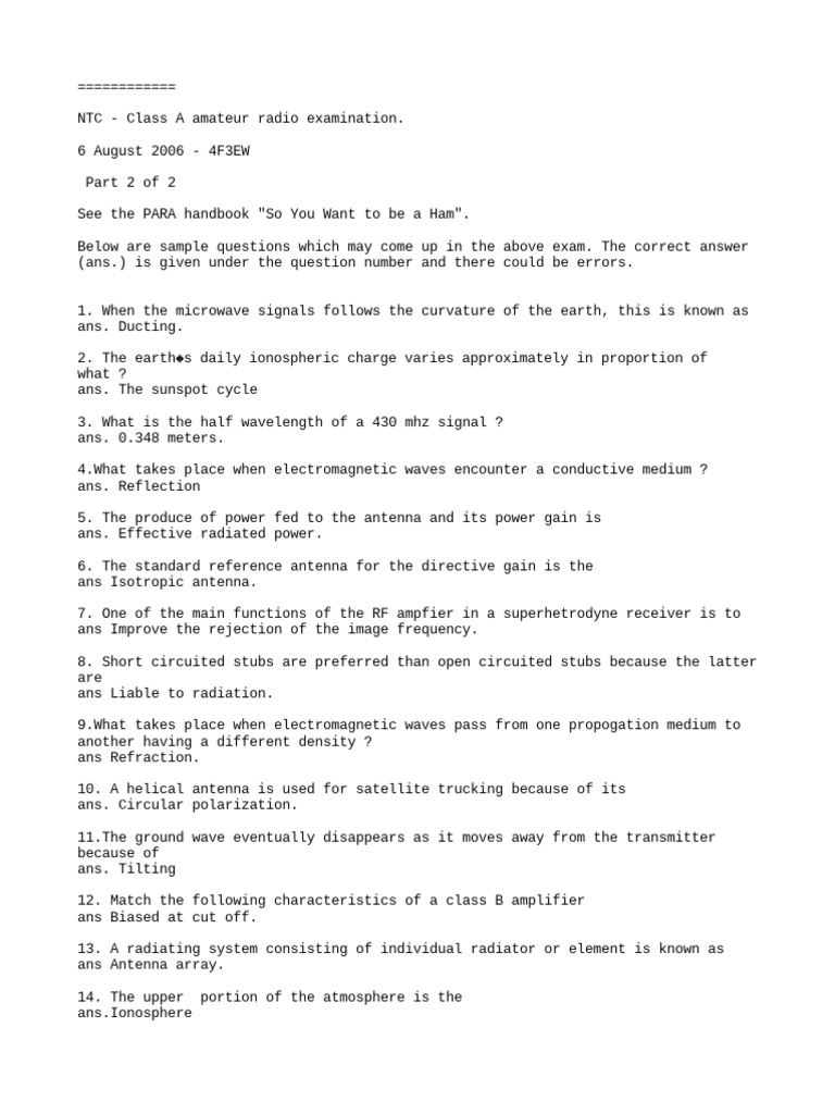 Class A Amateur Radio Exam Questions | PDF | Antenna (Radio) | Radio