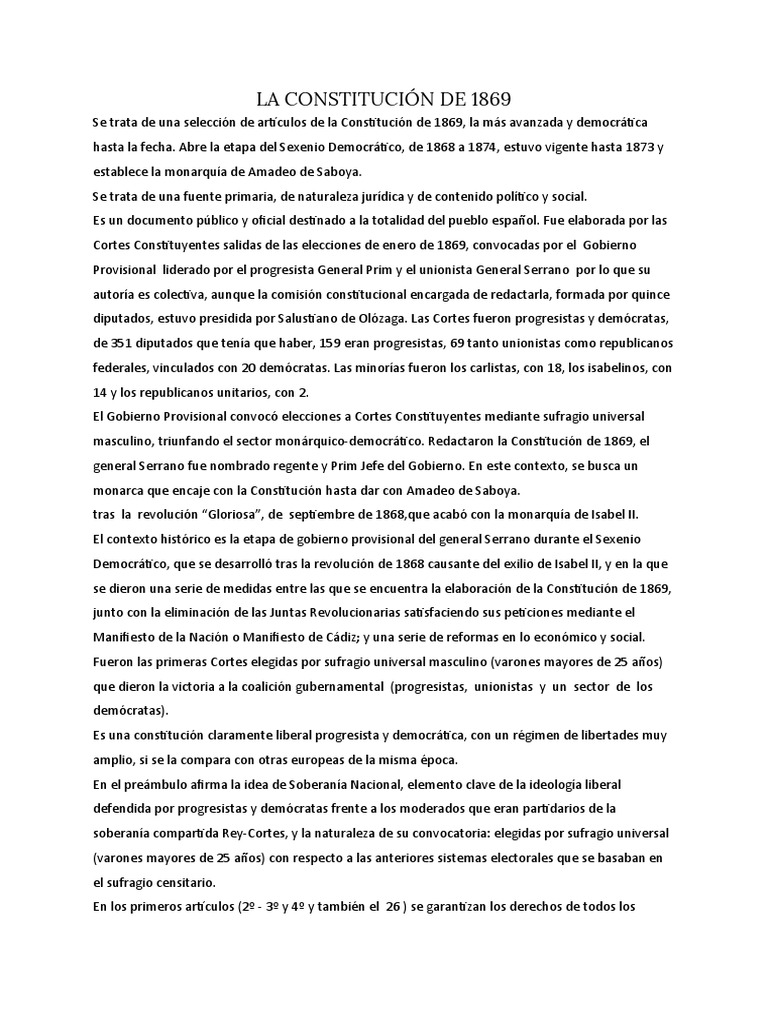 Constitución Democrática de 1869 | PDF | Gobierno