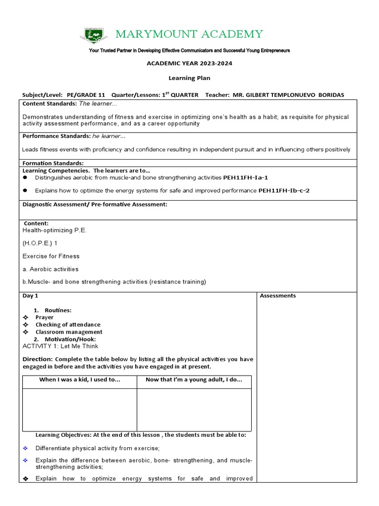 LEARNING PLAN IN PE GRde 11 QUARTER 1 WEEK 1 | PDF | Physical Fitness ...