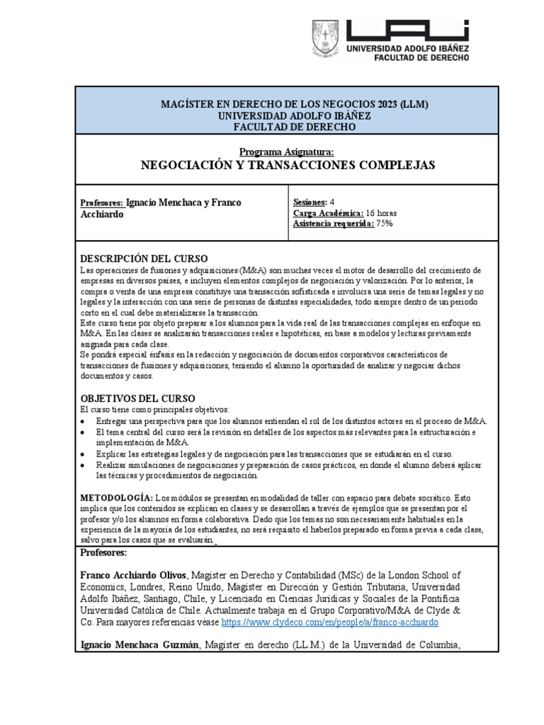 Syllabus NegociaciÃ N y Transacciones Complejas LLM 2023 | PDF | Business