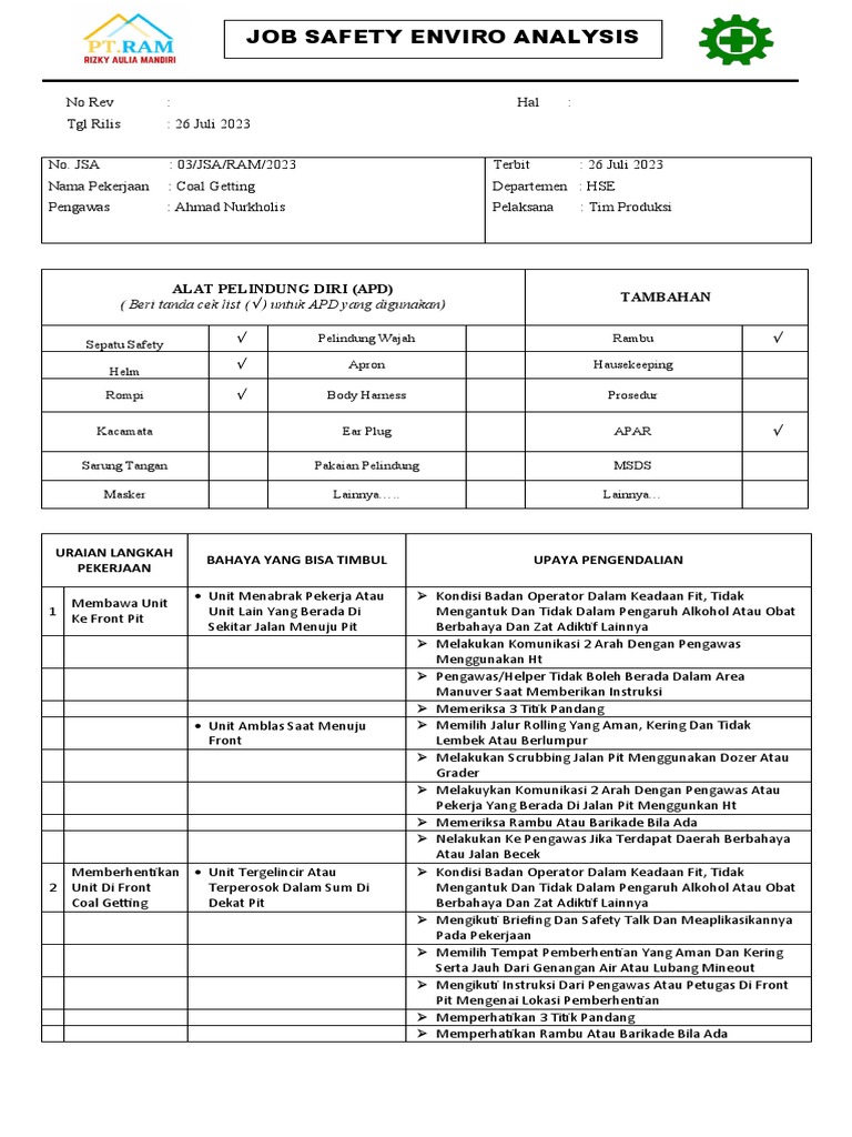 JSA Coal Getting | PDF