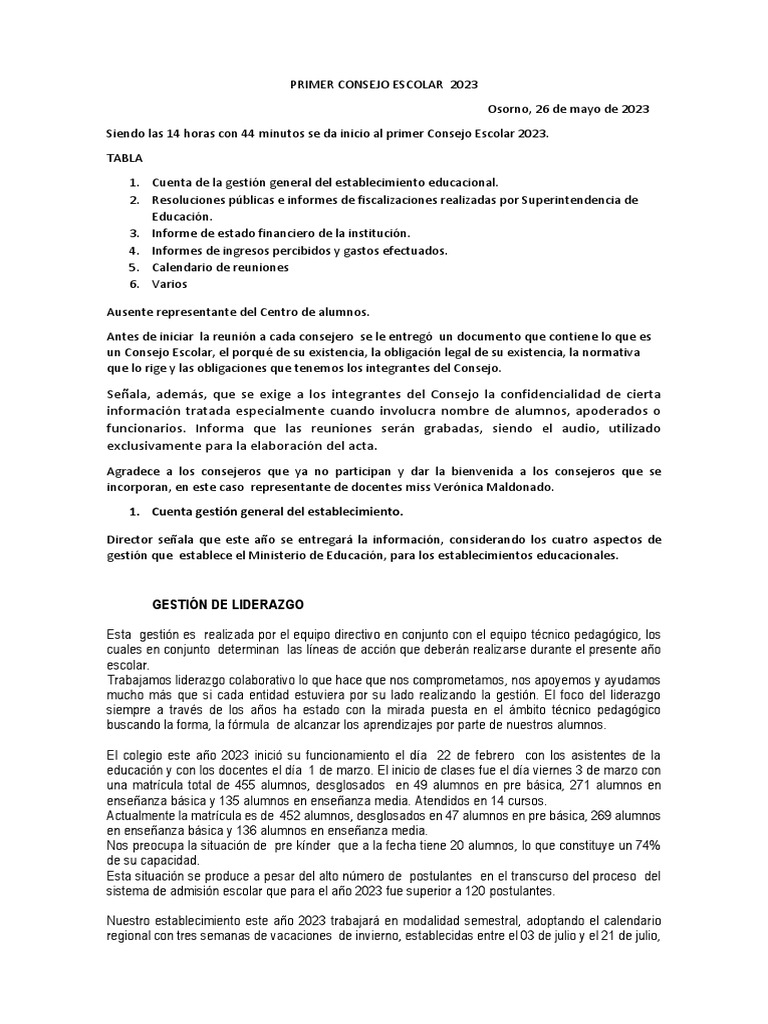 Acta Primer Consejo Escolar 2023 | PDF | Enseñando | Evaluación