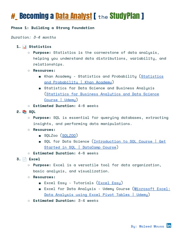 Becoming A Data Analyst Study Plan | PDF | Analytics | Statistics
