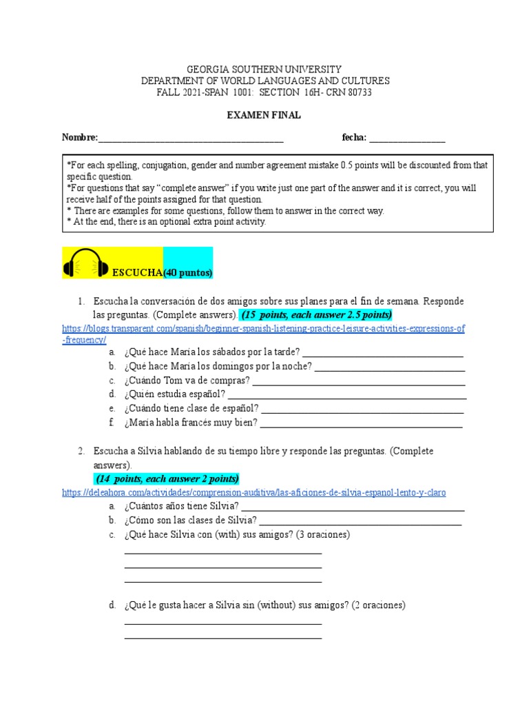 Examen Final de Español 1001 | PDF