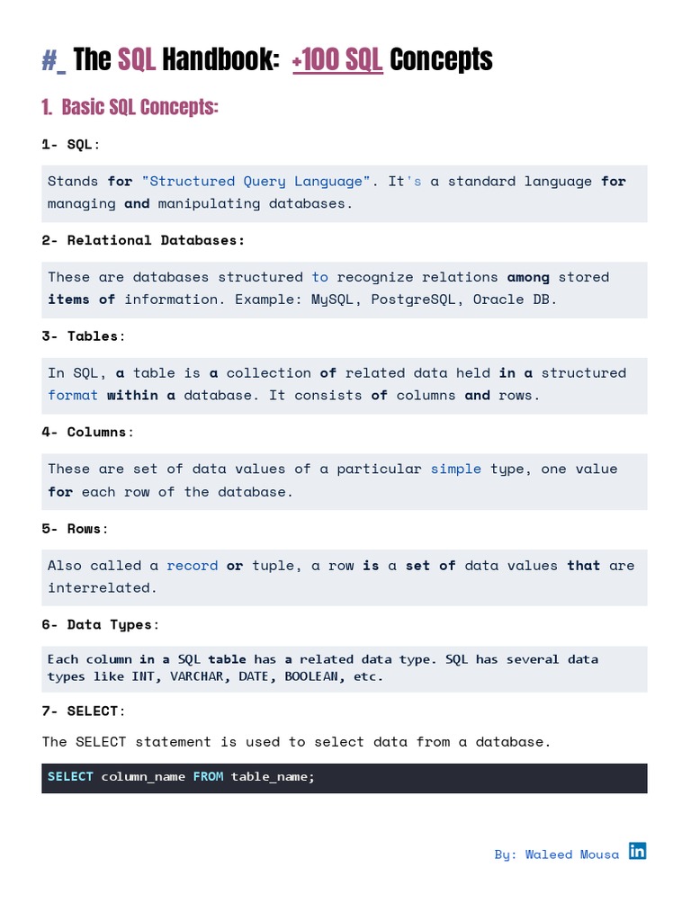 Over 100 SQL Concepts | PDF | Relational Database | Table (Database)