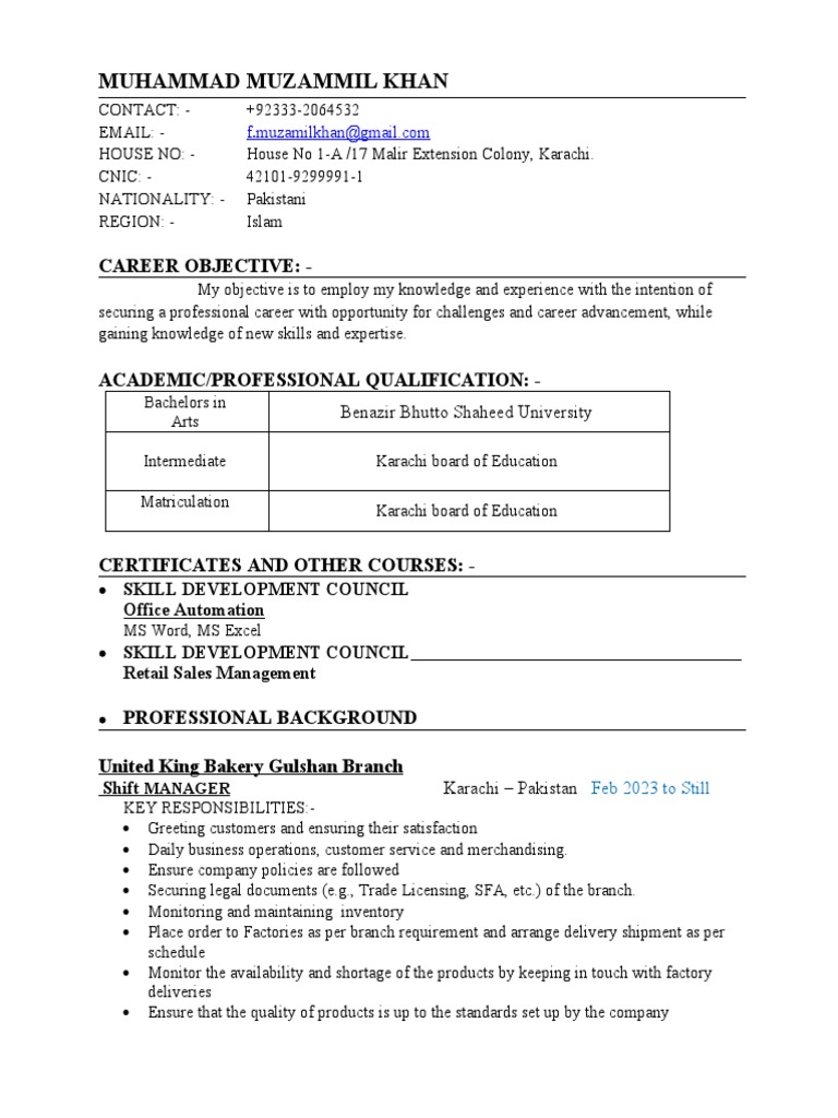 Muhammad Muzammil Khan - Professional CV | PDF | Karachi | Pakistan