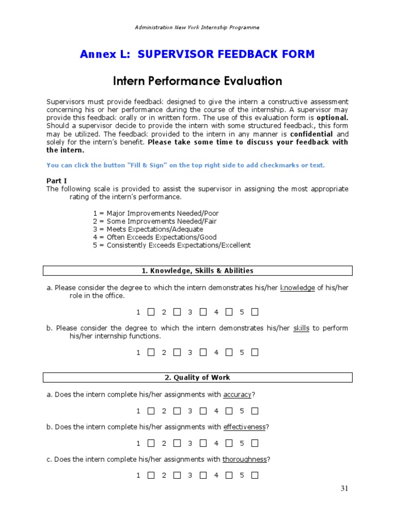 NY Internship Supervisor Feedback Form | PDF | Job Hunting | Internship