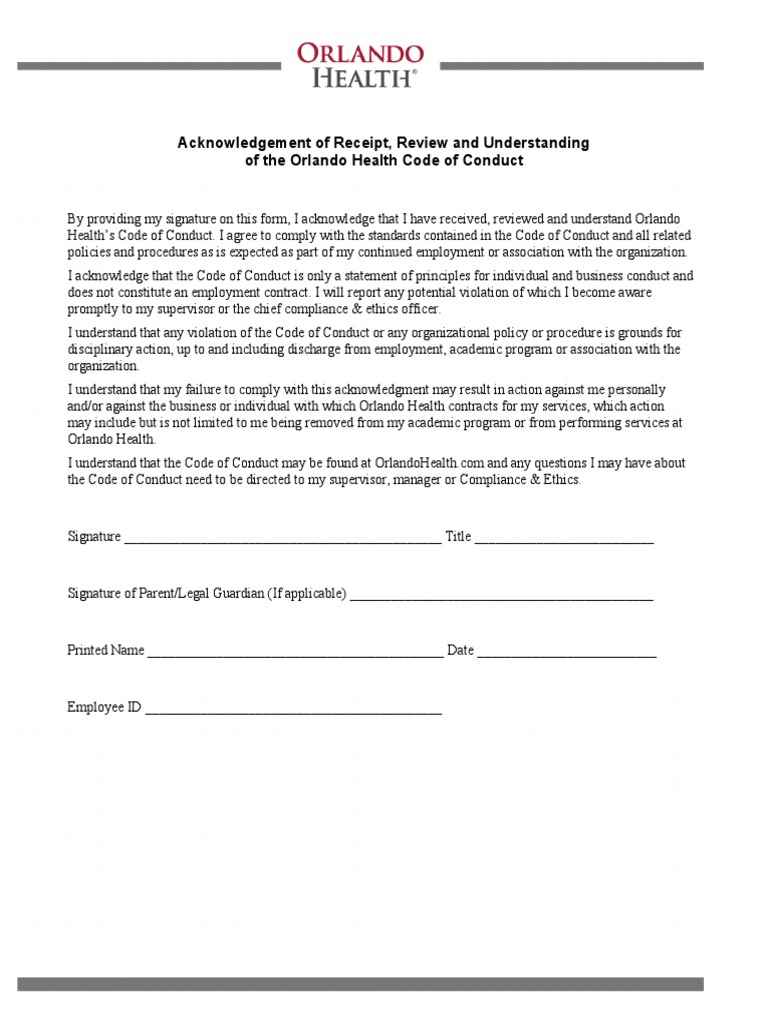 Orlando Health Code of Conduct Acknowledgment | PDF | Confidentiality ...