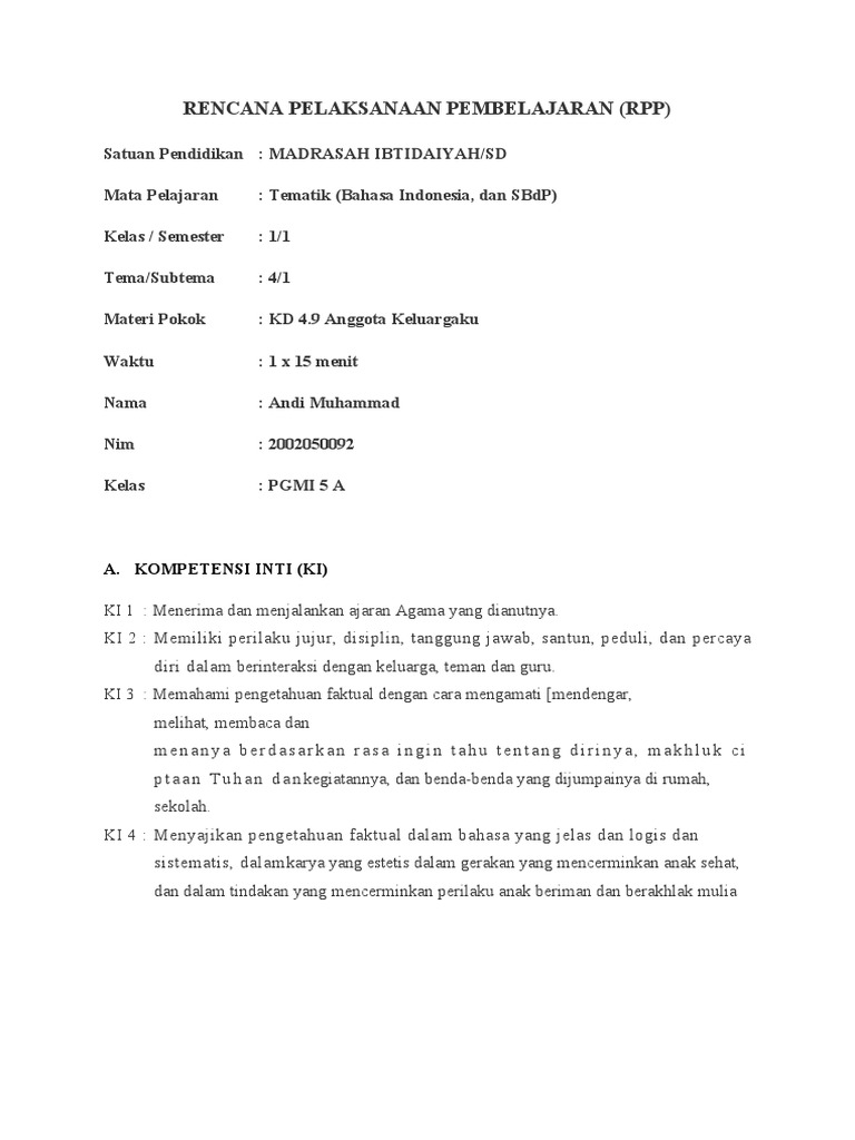 RPP Kelas 1 Tema 4 Subtema 1 | PDF