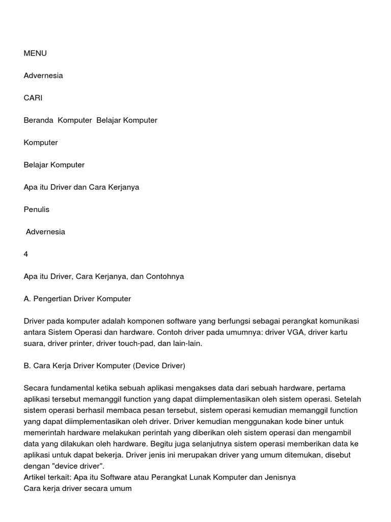 Pengertian dan Cara Kerja Driver Komputer | PDF