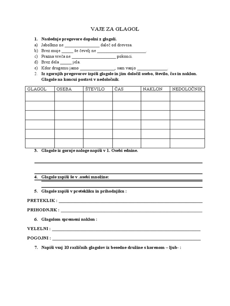 Vaje Glagol Slo 7 Razred 2 Test | PDF