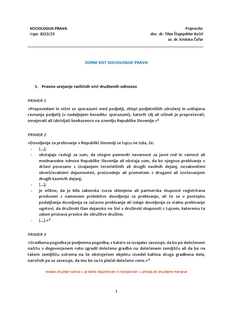 1 ZORNI KOT SOCIOLOGIJE PRAVA - Vaje - Gradivo 2022 | PDF