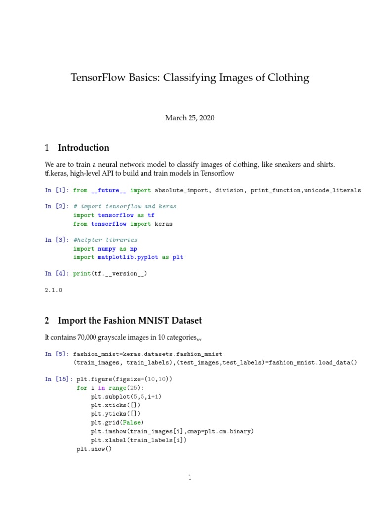 TensorFlow Basics - Classifying Images of Clothing | PDF