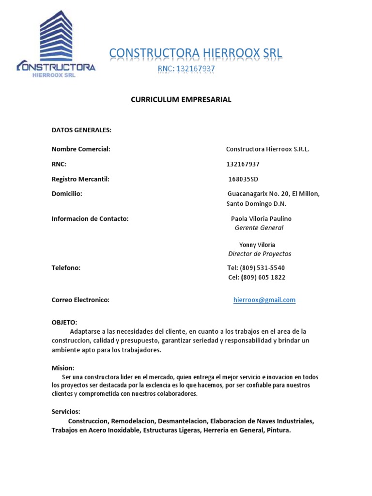 Curriculum Empresarial Constructora Hierroox S.R.L | PDF