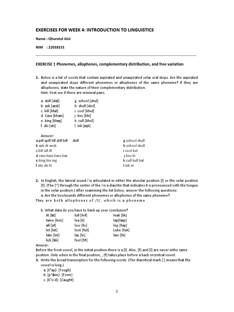 Exercise Week 4 Introduction To Linguistic | PDF | Phoneme | Human Voice