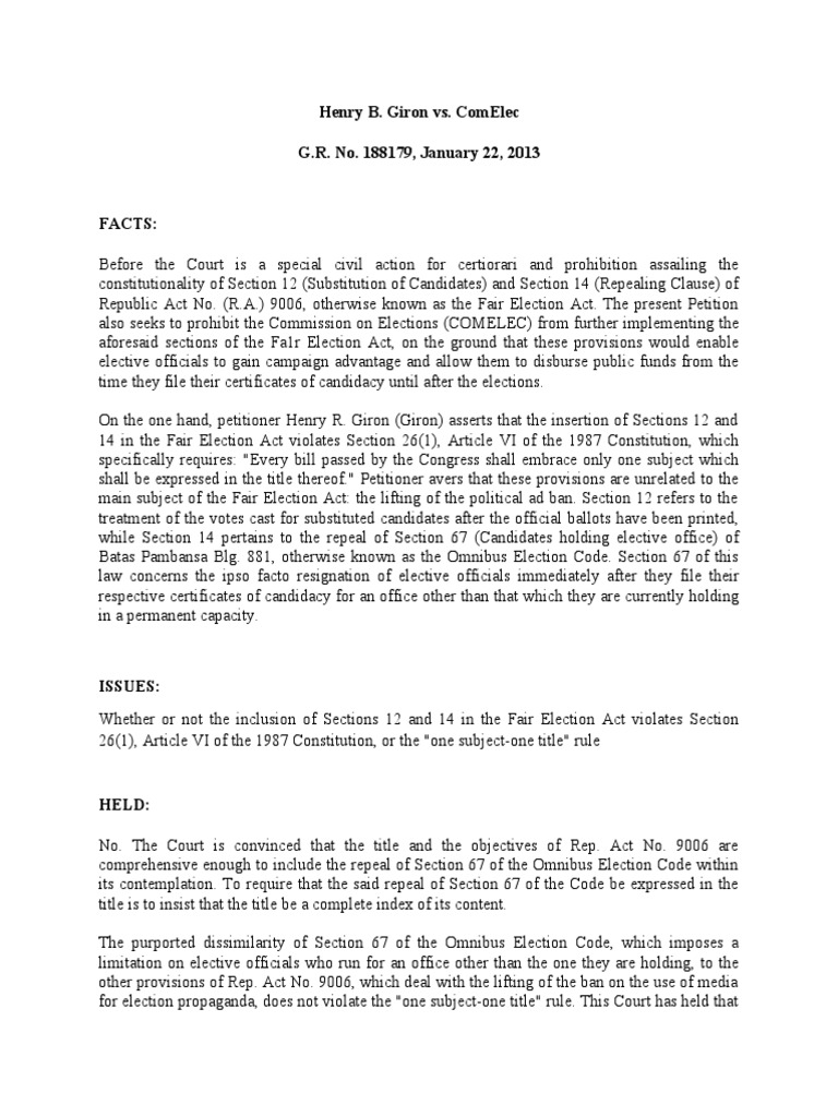 Case Digest - Henry B. Giron vs. ComElec | PDF