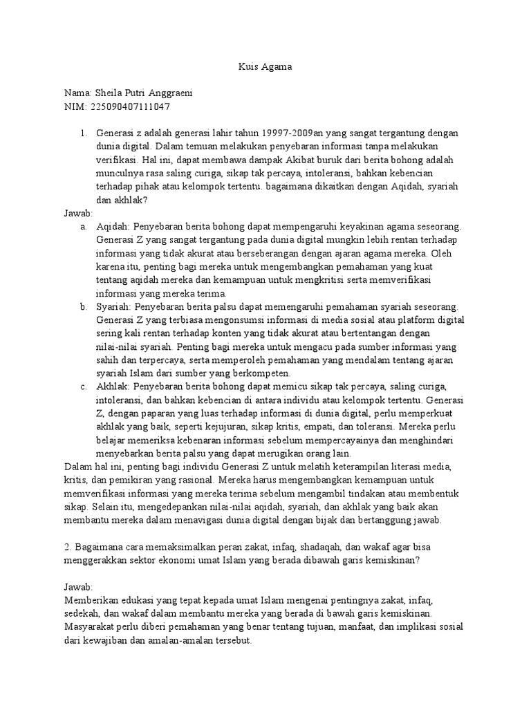 Kuis Agama - Sheila Putri Anggraeni | PDF