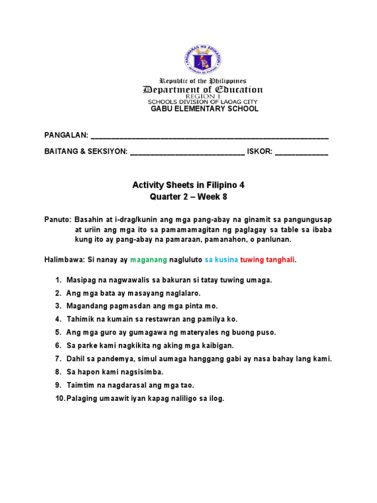 Activity Sheets - Filipino 4 - Q2 - W8 | PDF