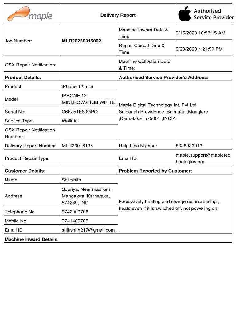 iPhone 12 Mini Repair Delivery Report | PDF | Mobile Computers | Computing