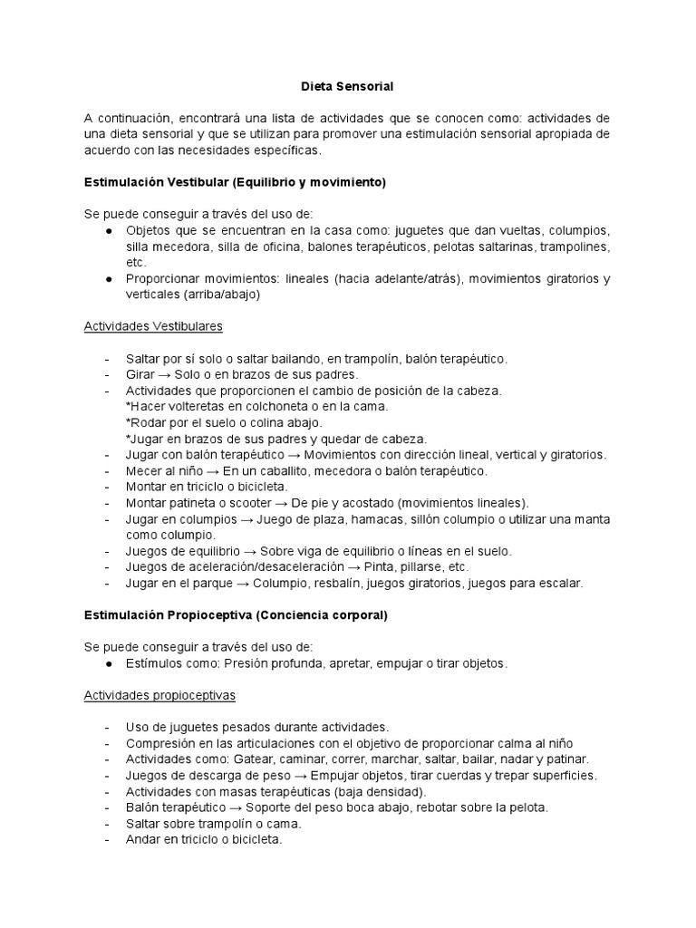 Ejercicios para Dieta Sensorial | PDF