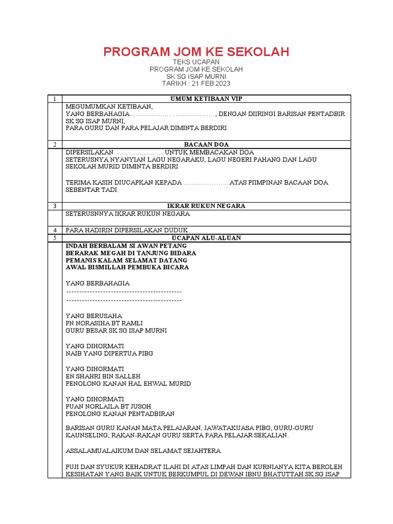 Teks Emcee Program Jom Ke Sekolah | PDF