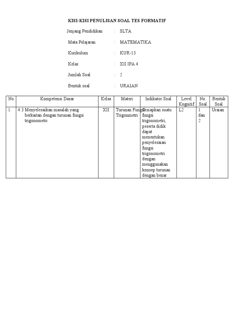 Instrumen Formatif Kelas 12 Ipa4 Turunan Fungsi Trigonometri Sman 6 | PDF