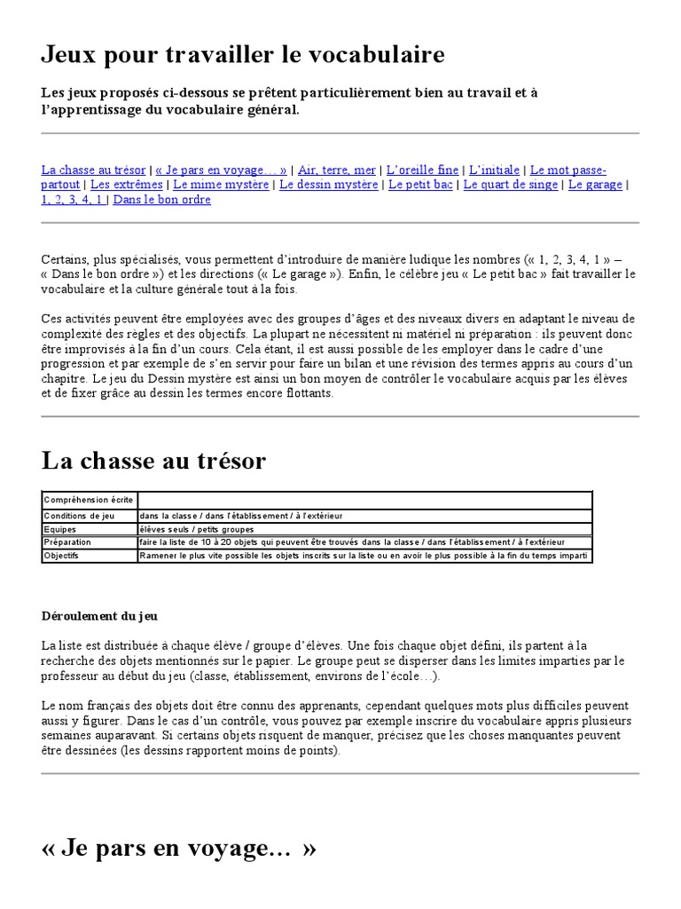 Jeux Pour Travailler Le Vocabulaire | PDF | Lexique