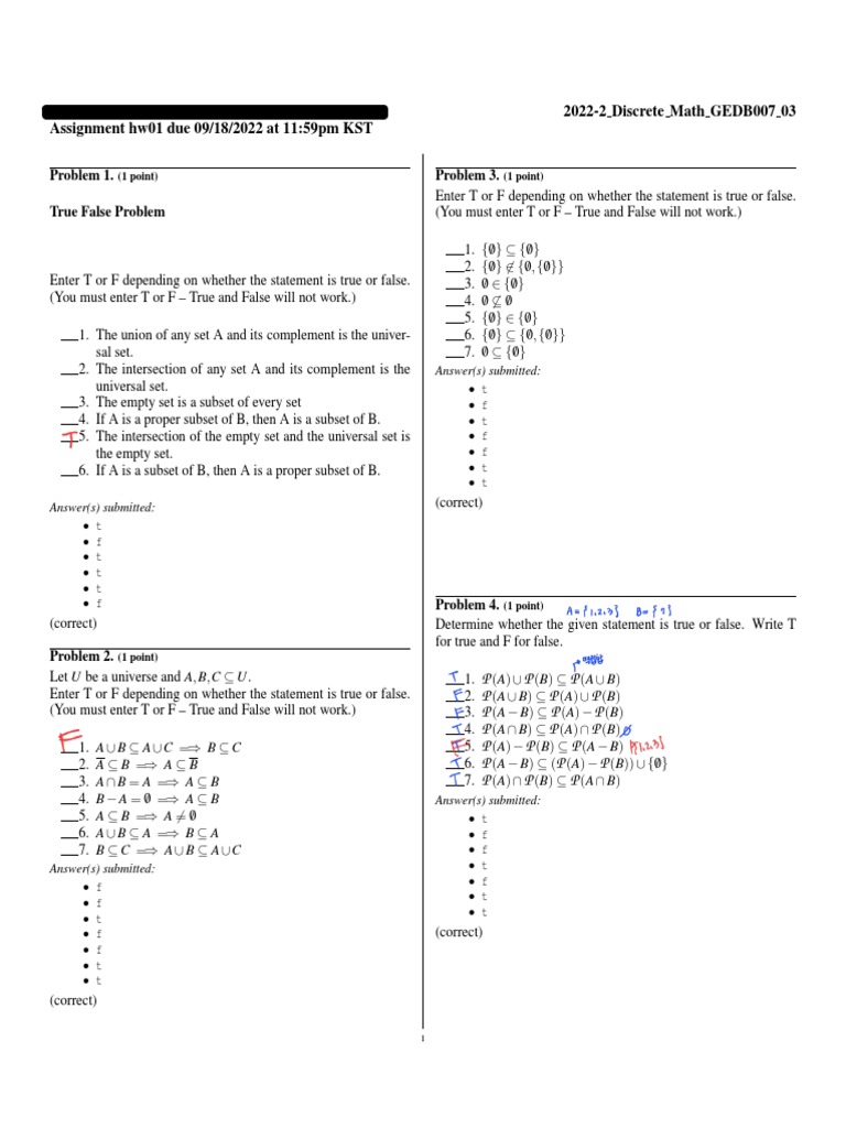 Lim Jinny 2022-2 Discrete Math GEDB007 03 Assignment hw01 Due 09/18/2022 at 11:59pm KST | PDF ...