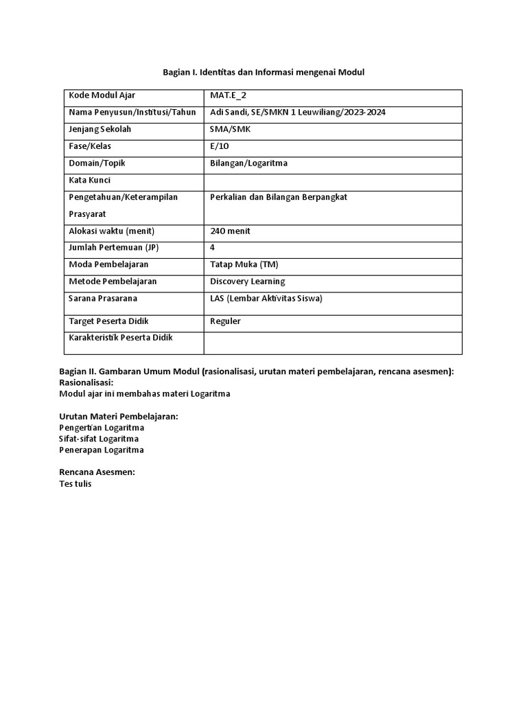 Modul Ajar Logaritma Adi Sandi | PDF | Karier & Perkembangan | Komputer