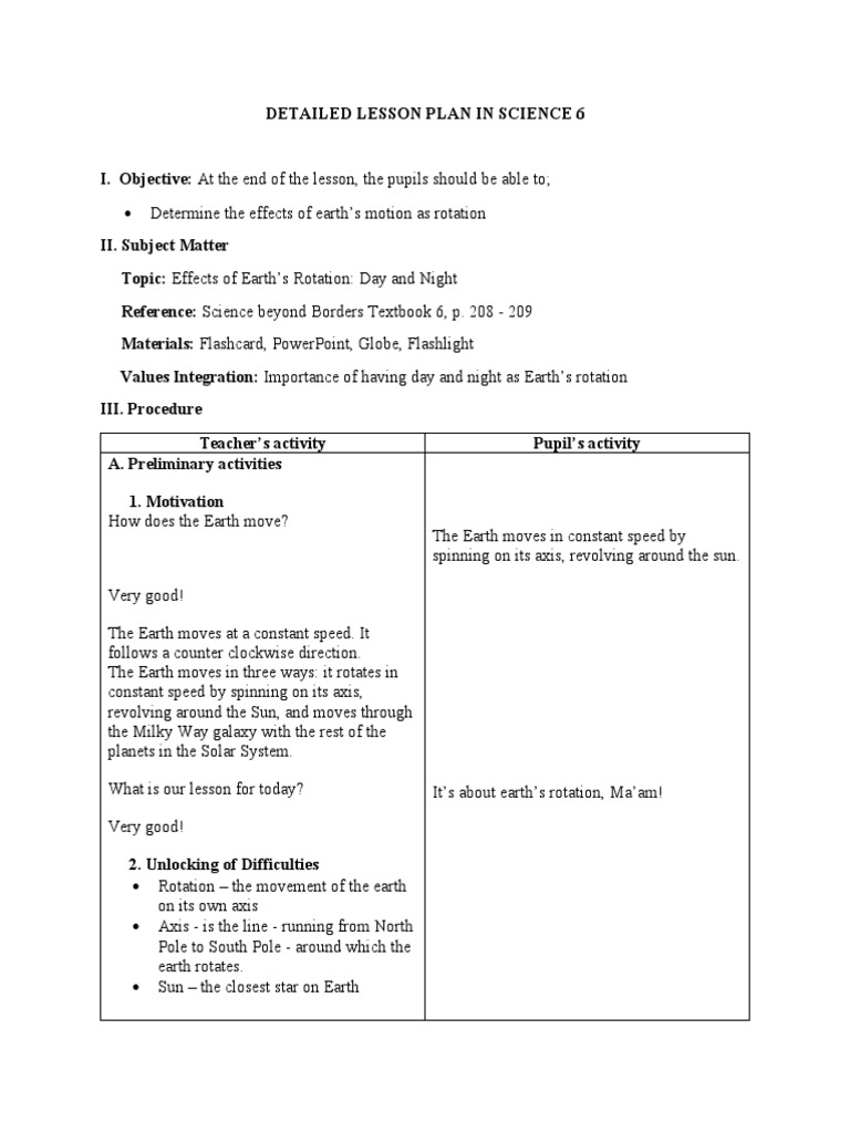 Detailed Lesson Plan in Science 6 | PDF | Rotation | Night