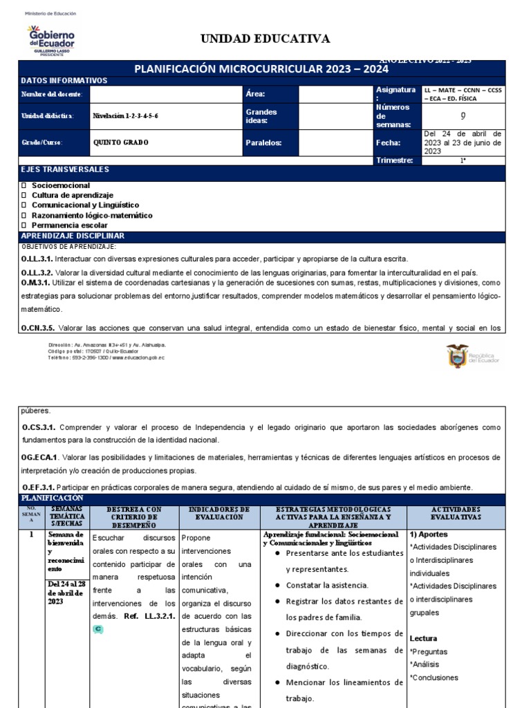 PLANIFICACIÓN DE 5to SEMANAS 1, 2,3,4,5,6,7,8,9 | PDF | Sistema de ...