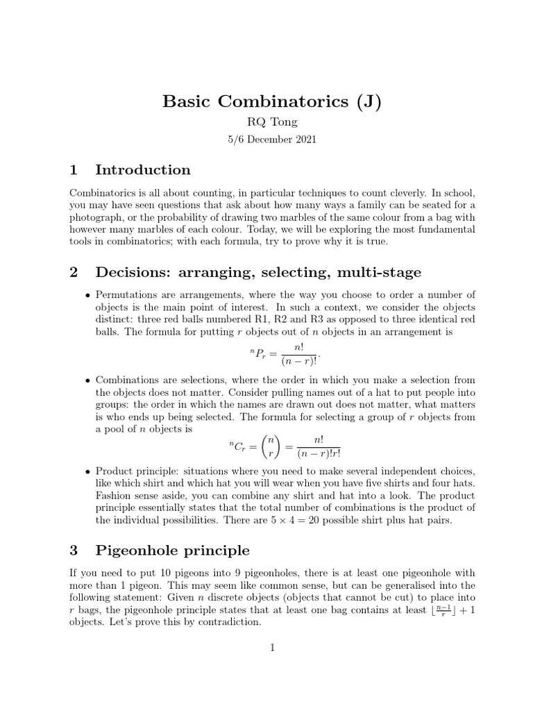 Basic - Combinatorics J Tong Dec21 PDF | PDF | Combinatorics | Mathematics Basic - Combinatorics J Tong Dec21 PDF | PDF | Combinatorics | Mathematics