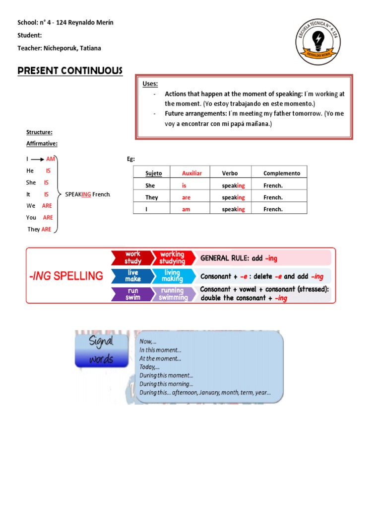 Present Continuous Affirmative Guide | PDF | Semantic Units | Syntax