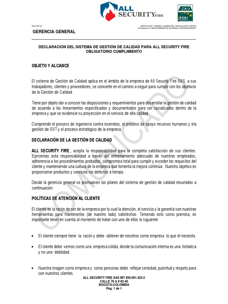 Gg-For-09 Comunicado Alcance SGC | PDF | Calidad (comercial) | Sistema ...
