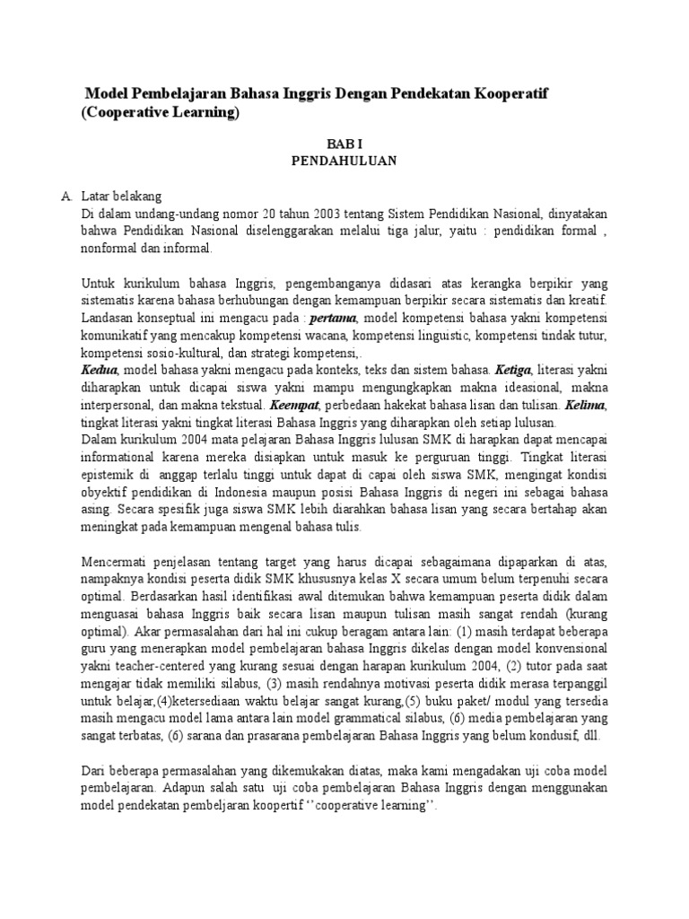 Model Pembelajaran Bahasa Inggris Dengan Pendekatan Kooperatif | PDF